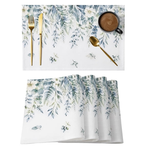 Blue Green Flower Leaf Cotton Linen Placemats Set of 4, Rustic ...