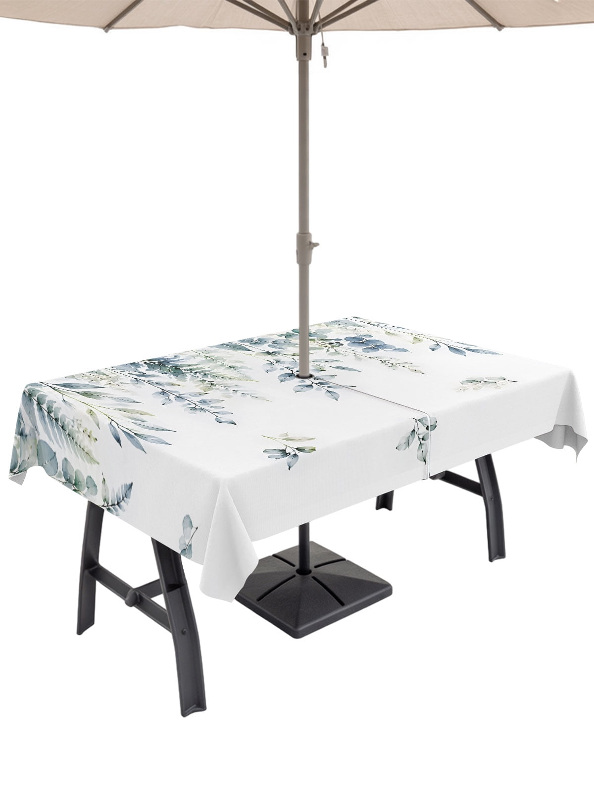 Blue Green Flower Leaf Rectangle Outdoor Tablecloth with Umbrella Hole ...
