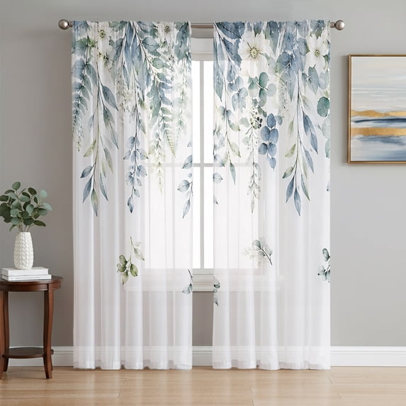 Blue Green Flower Leaf Sheer Curtains for Living Room Bedroom, Rustic ...