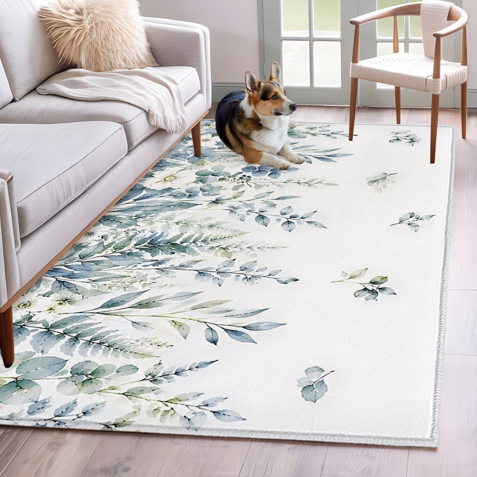 Blue Green Flower Leaf Washable Area Rug 4x6 Rustic Farmhouse Botanical ...
