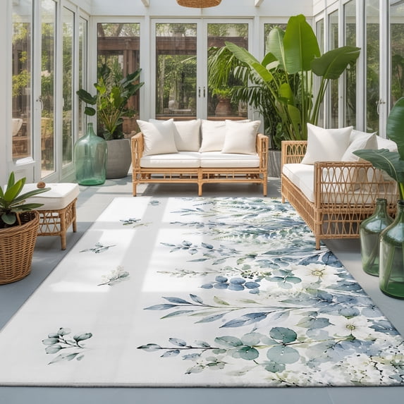 Blue Green Flower Leaf Washable Living Room Rugs 5'x8', Rustic ...