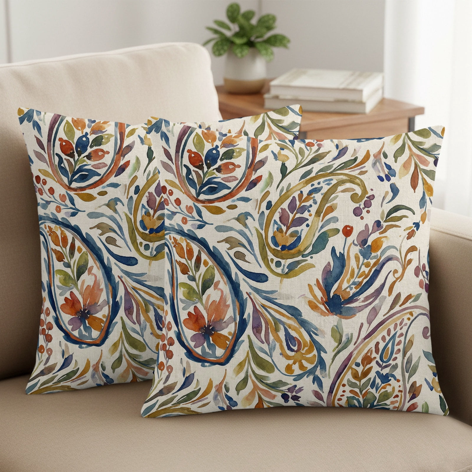 Blue Green Flower Pillow Covers Set of 2, Watercolor Abstract Paisley ...