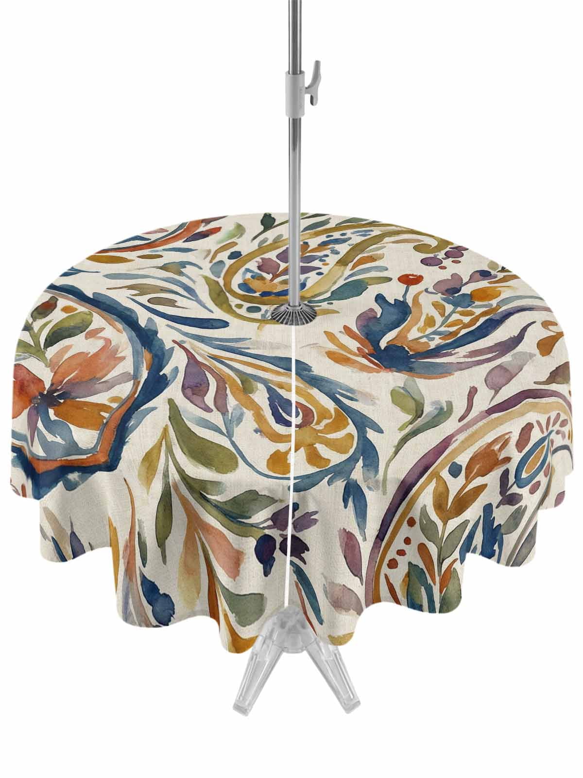Blue Green Flower Round Outdoor Tablecloth with Umbrella Hole ...