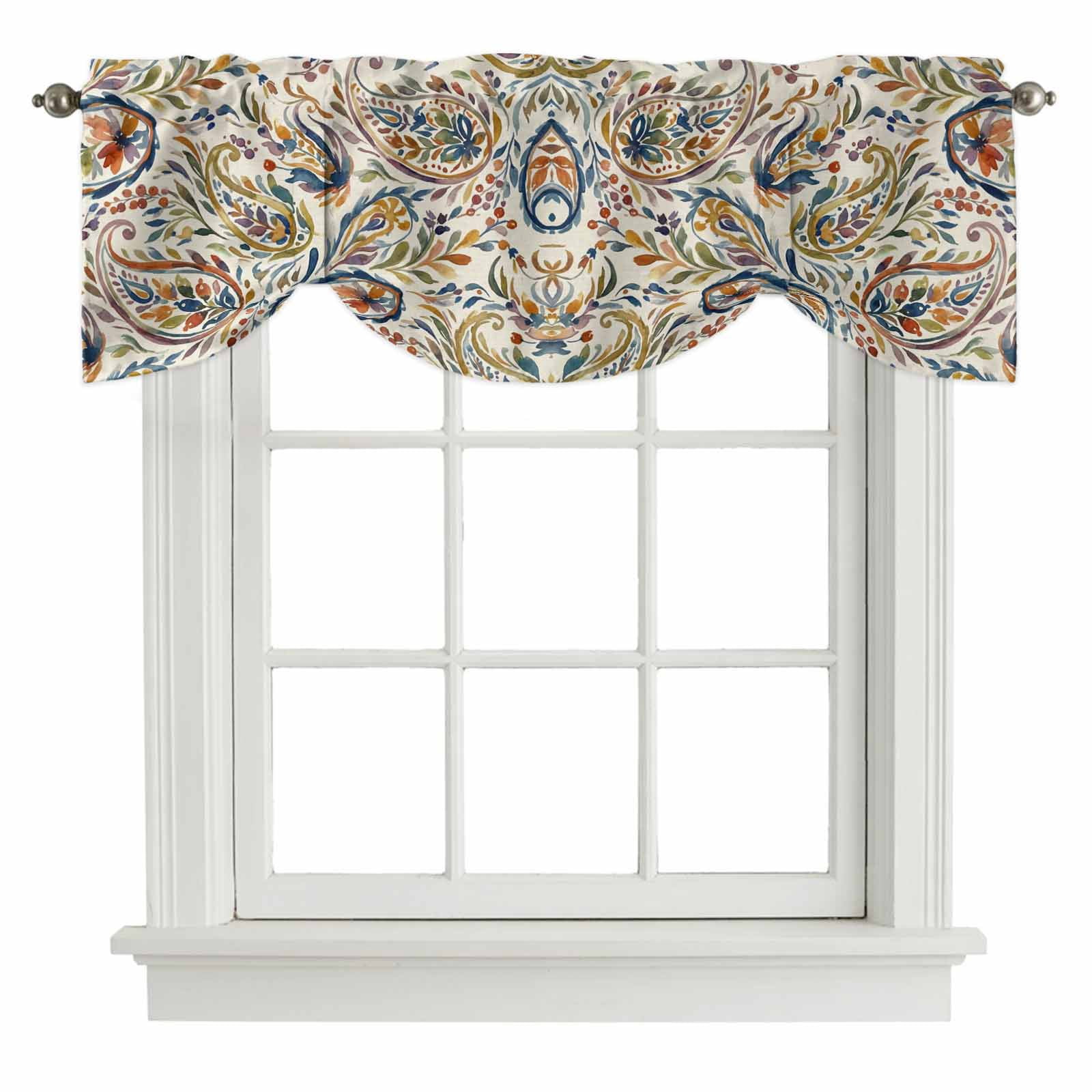 Blue Green Flower Tie Up Valance Curtains Watercolor Abstract Paisley ...