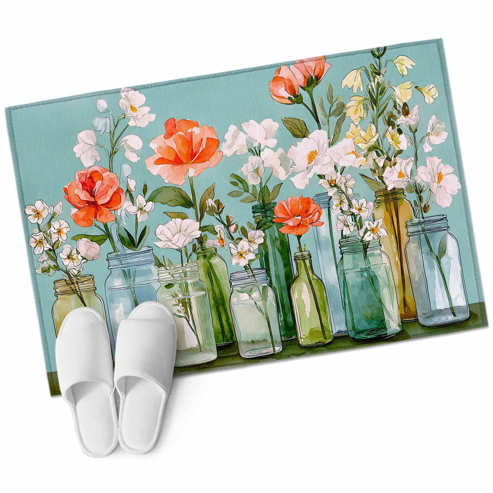 Blue Green Flowers Bathroom Rug Washable 2x3 Entryway Rug Non Slip ...
