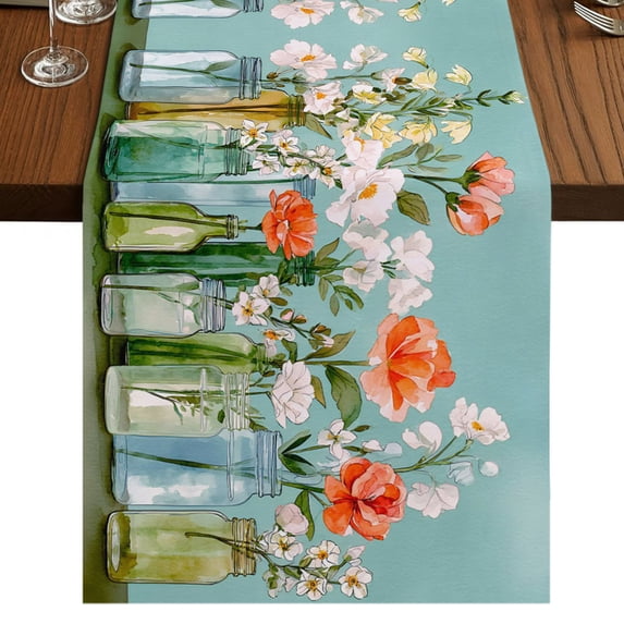 Blue Green Flowers Burlap Cotton Table Runner 13x60 Inches Long, Spring ...