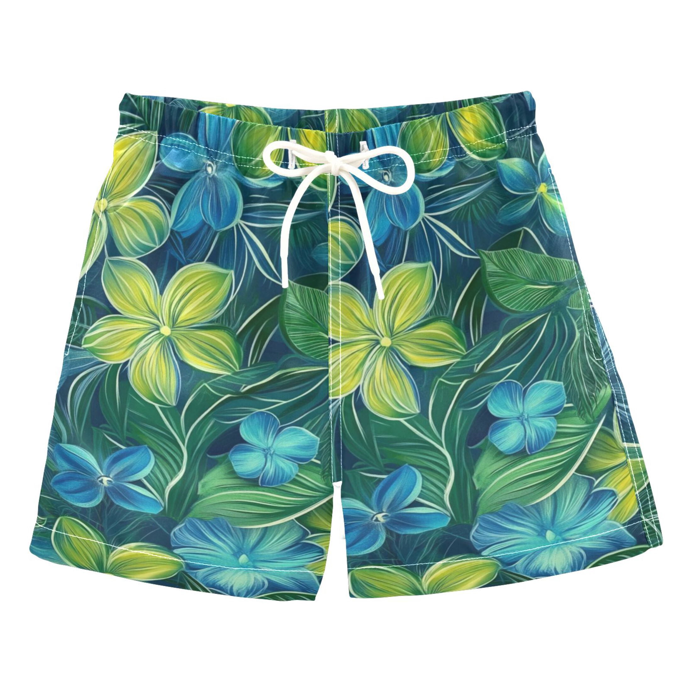 Blue Green Flowers Leaves Hawaii Style Boys' Swim Trunks Board Shorts ...