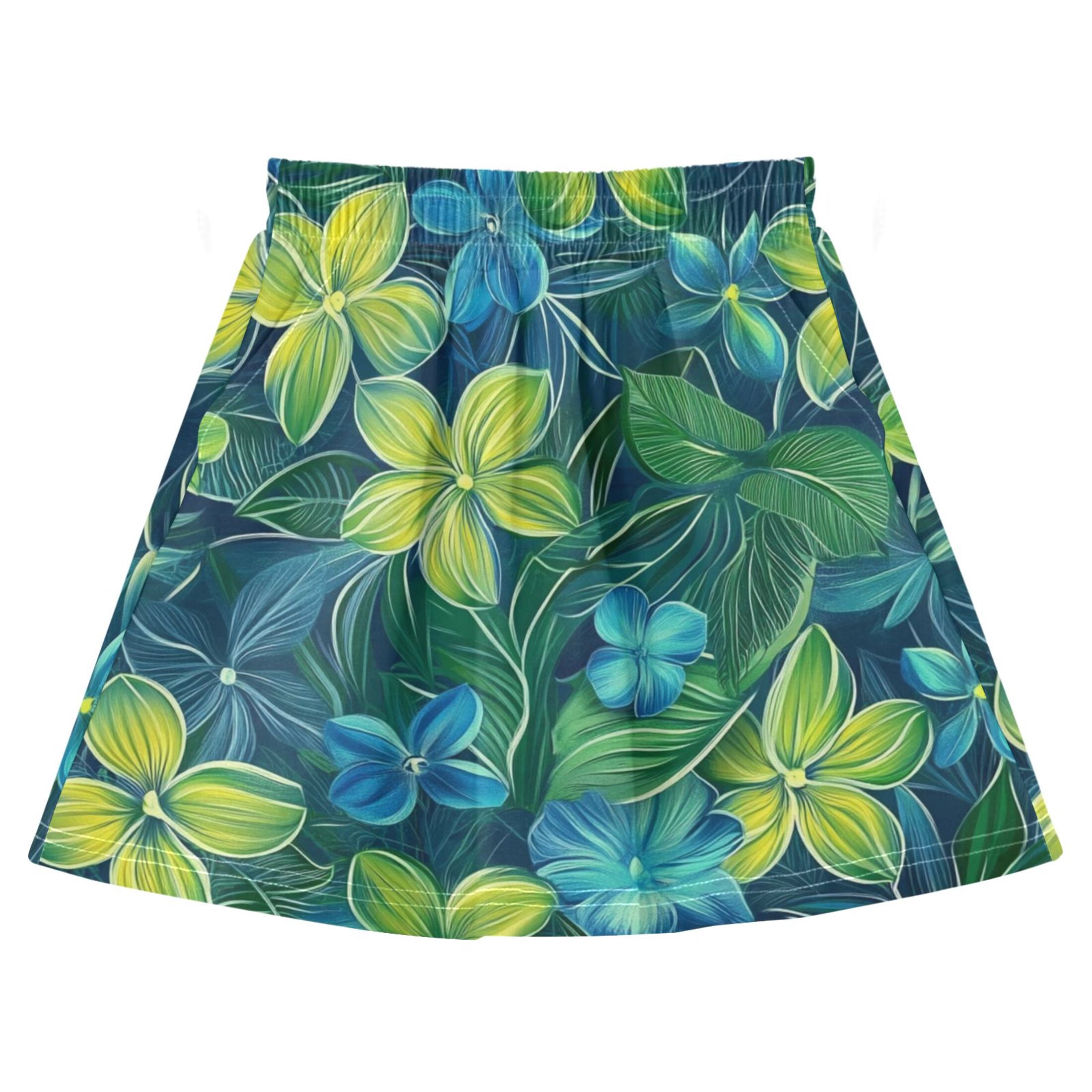 Blue Green Flowers Leaves Hawaii Style Girls' Skirts A-Line Skirts with ...