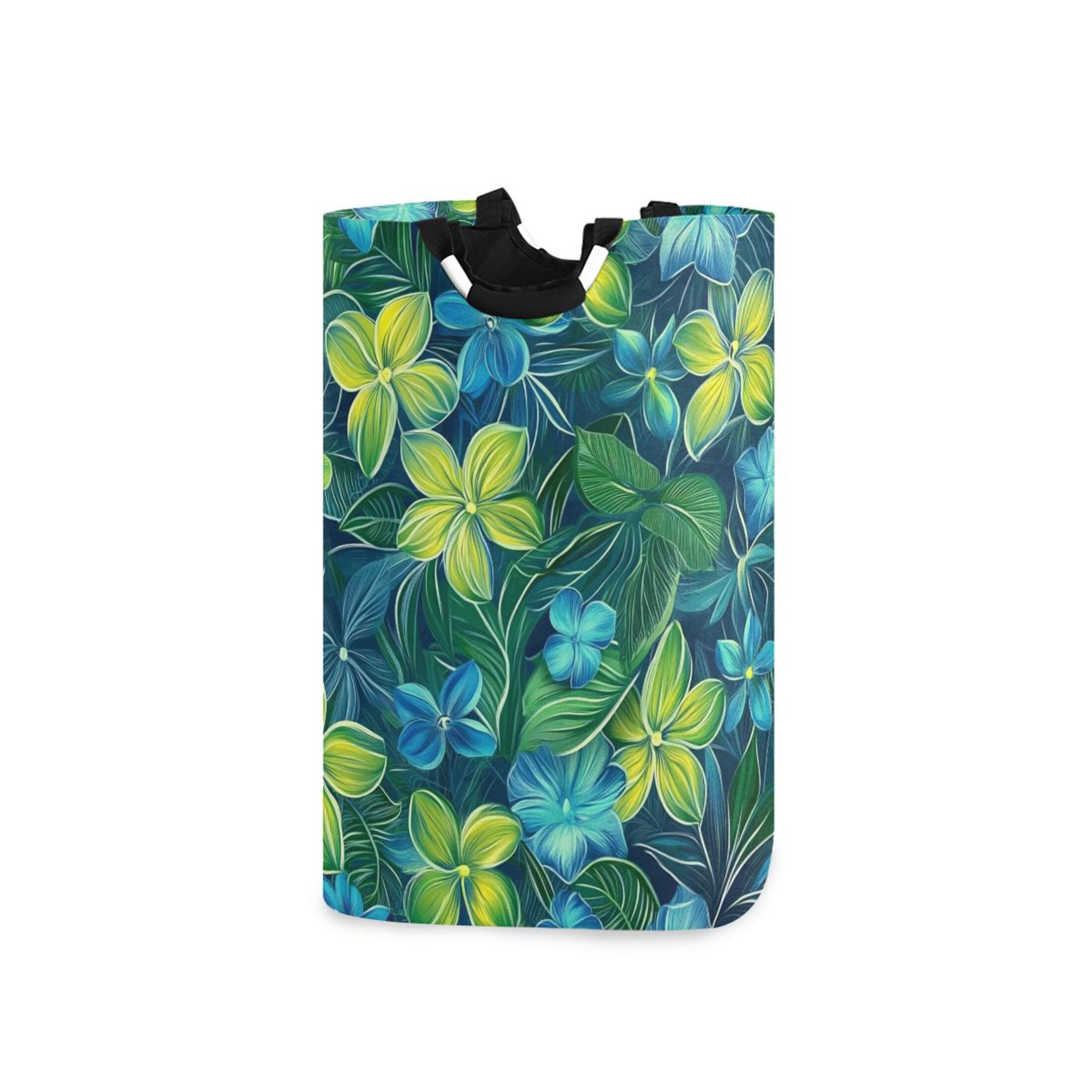 Blue Green Flowers Leaves Hawaii Style Laundry Basket with Handles ...