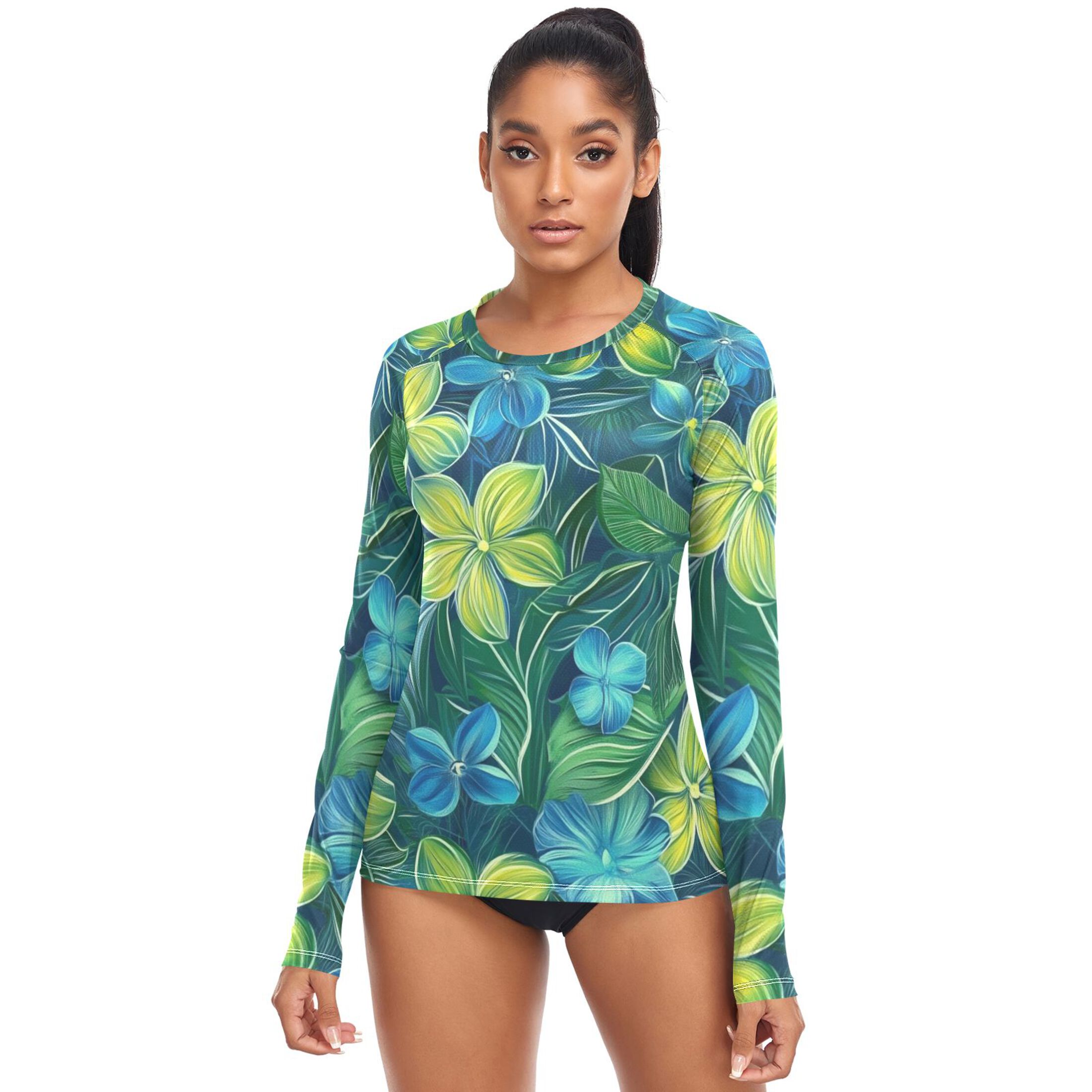 Blue Green Flowers Leaves Hawaii Style Women's Rash Guard Shirts UPF 50 ...