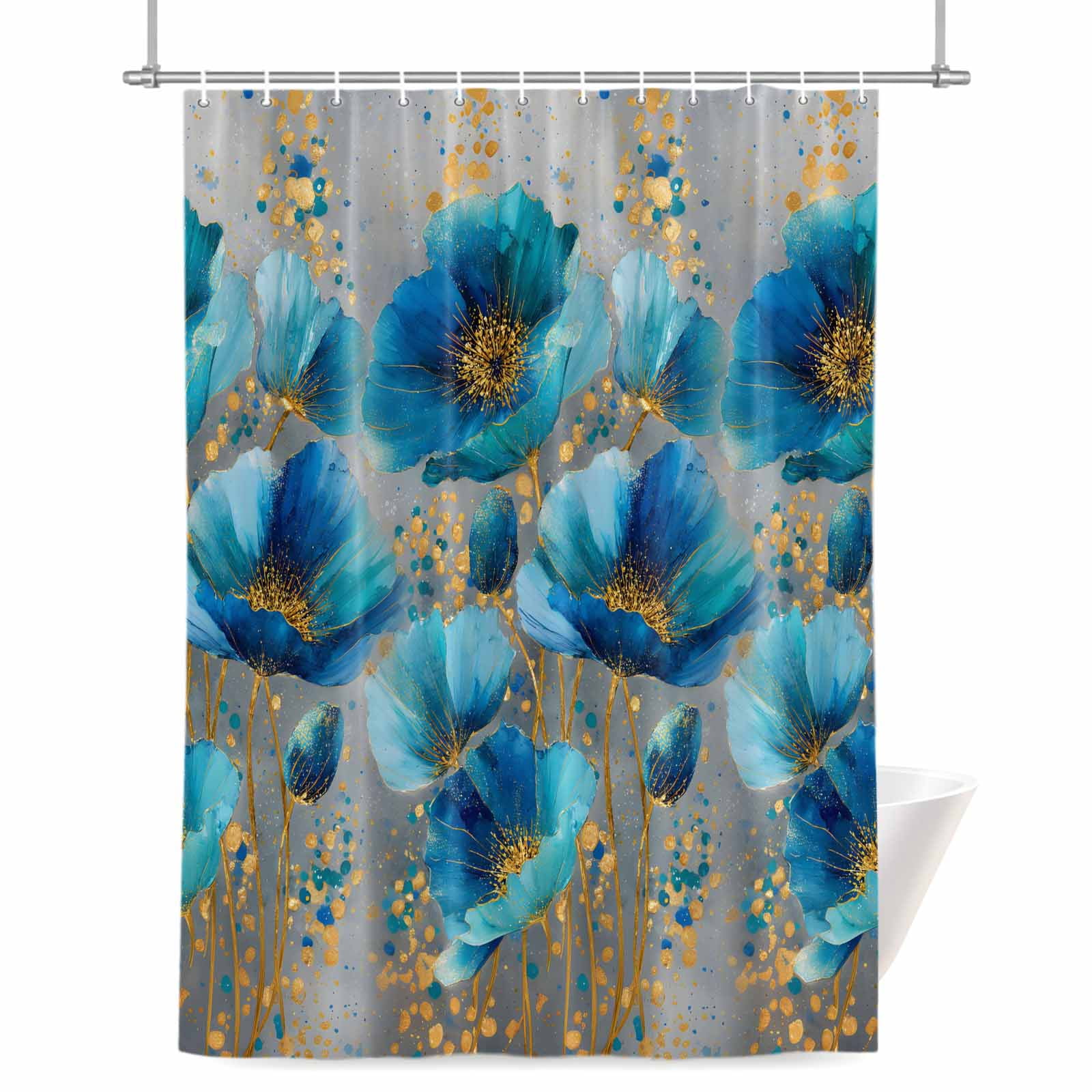 Blue Green Flowers Shower Curtains for Bathroom, Modern Teal Gold ...