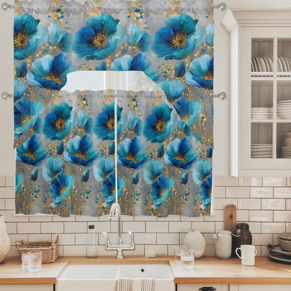 Blue Green Flowers Swag Curtains Valance and Tier Set, Modern Teal Gold ...