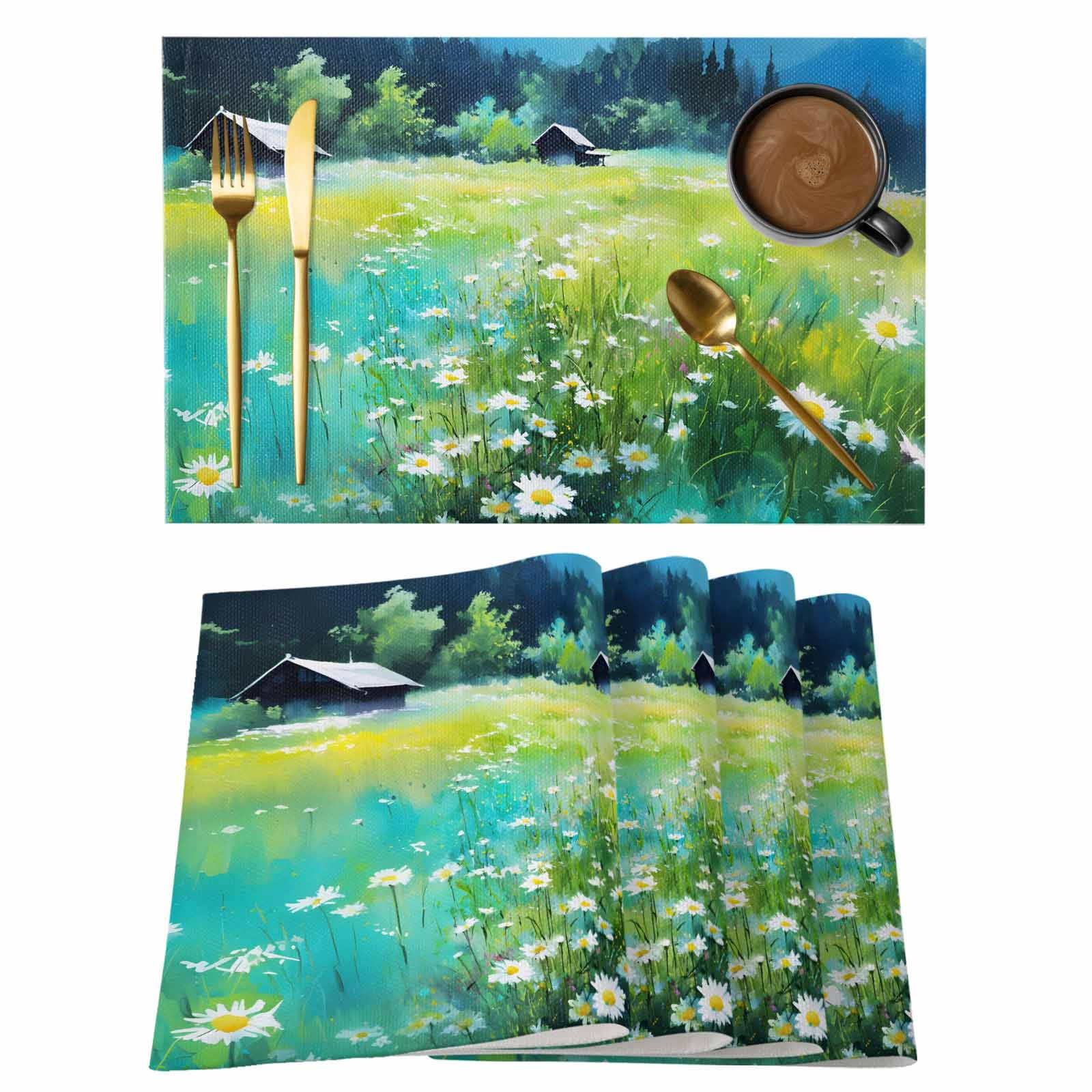 Blue Green Forests Placemats Set of 12 Spring Oil Painting Daisy Nature ...