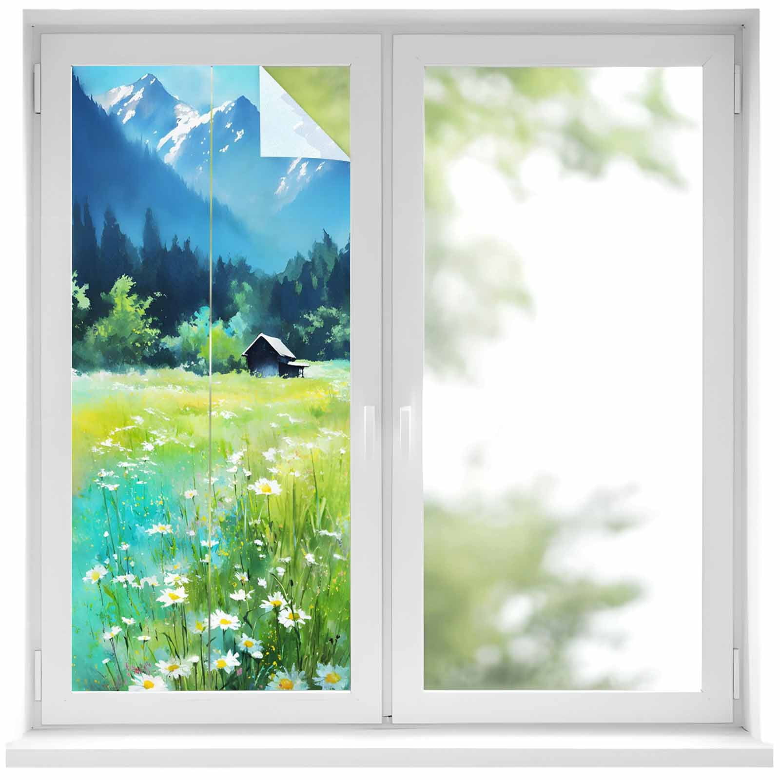 Blue Green Forests Window Privacy Film,Spring Oil Painting Daisy Nature ...