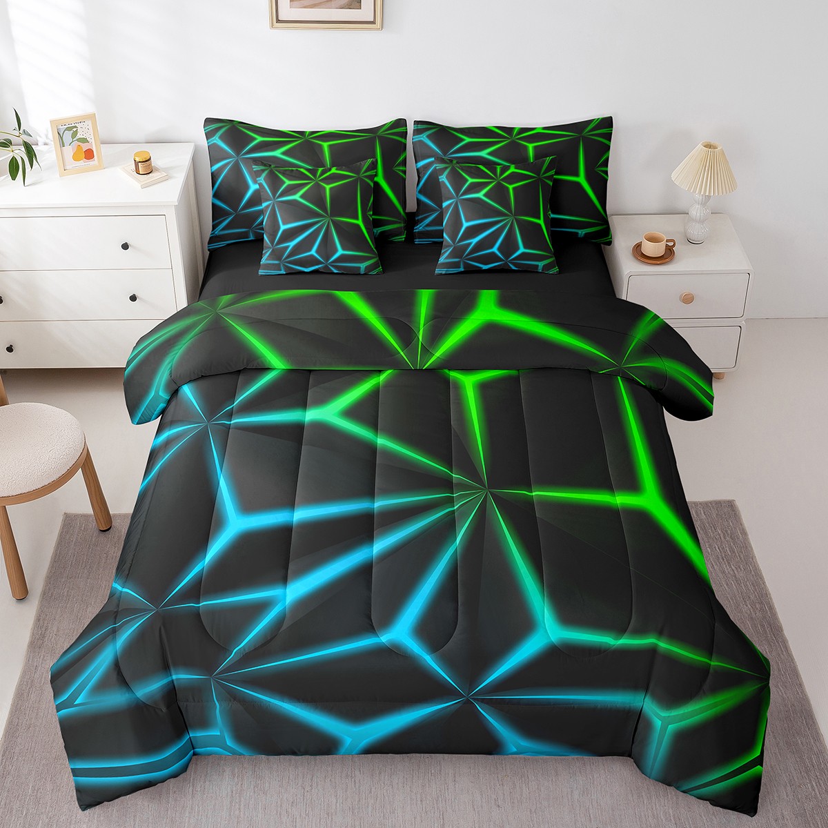 Blue Green Geometric Bed in a Bag, Gradient Neon Geometry Bedding Sets ...