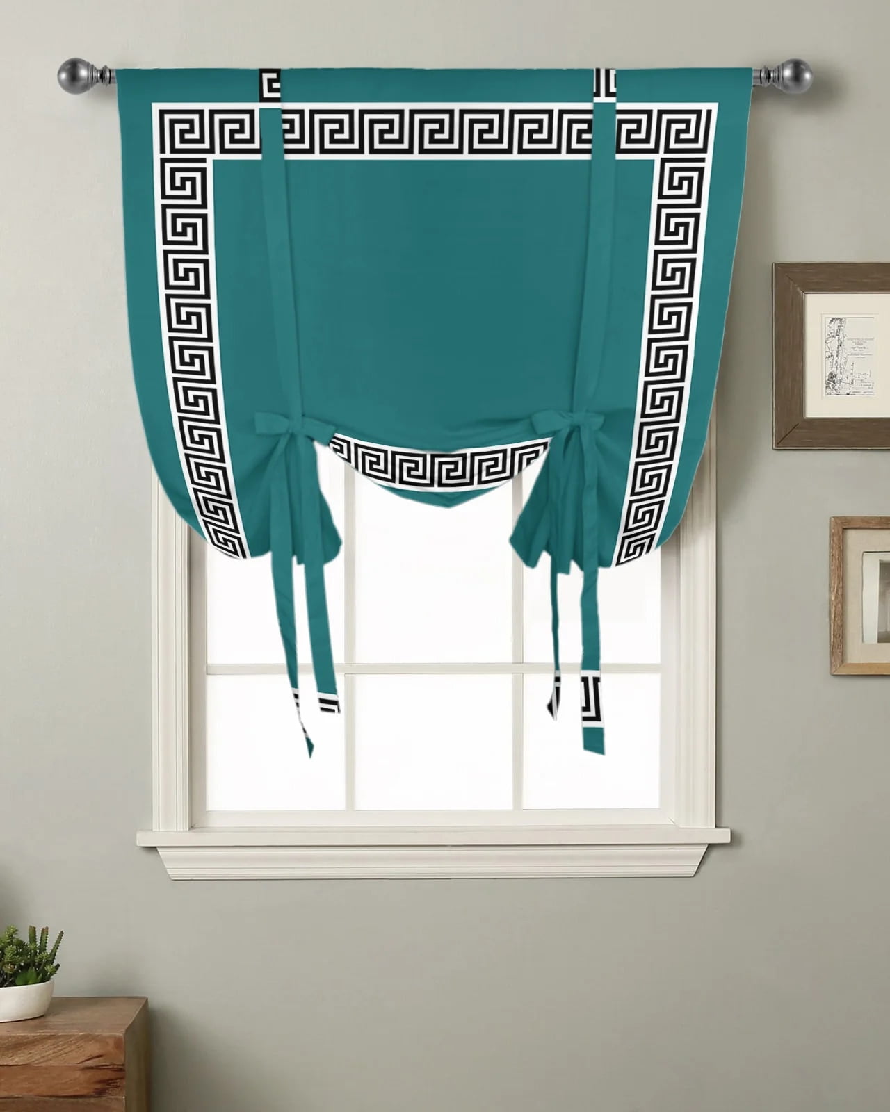 Blue Green Geometric Greek Geometric Kitchen Short Window Curtain ...