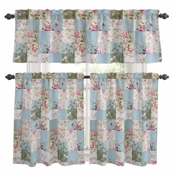 Blue Green Geometric Kitchen Curtains Valance and Tier Set Pink Floral ...