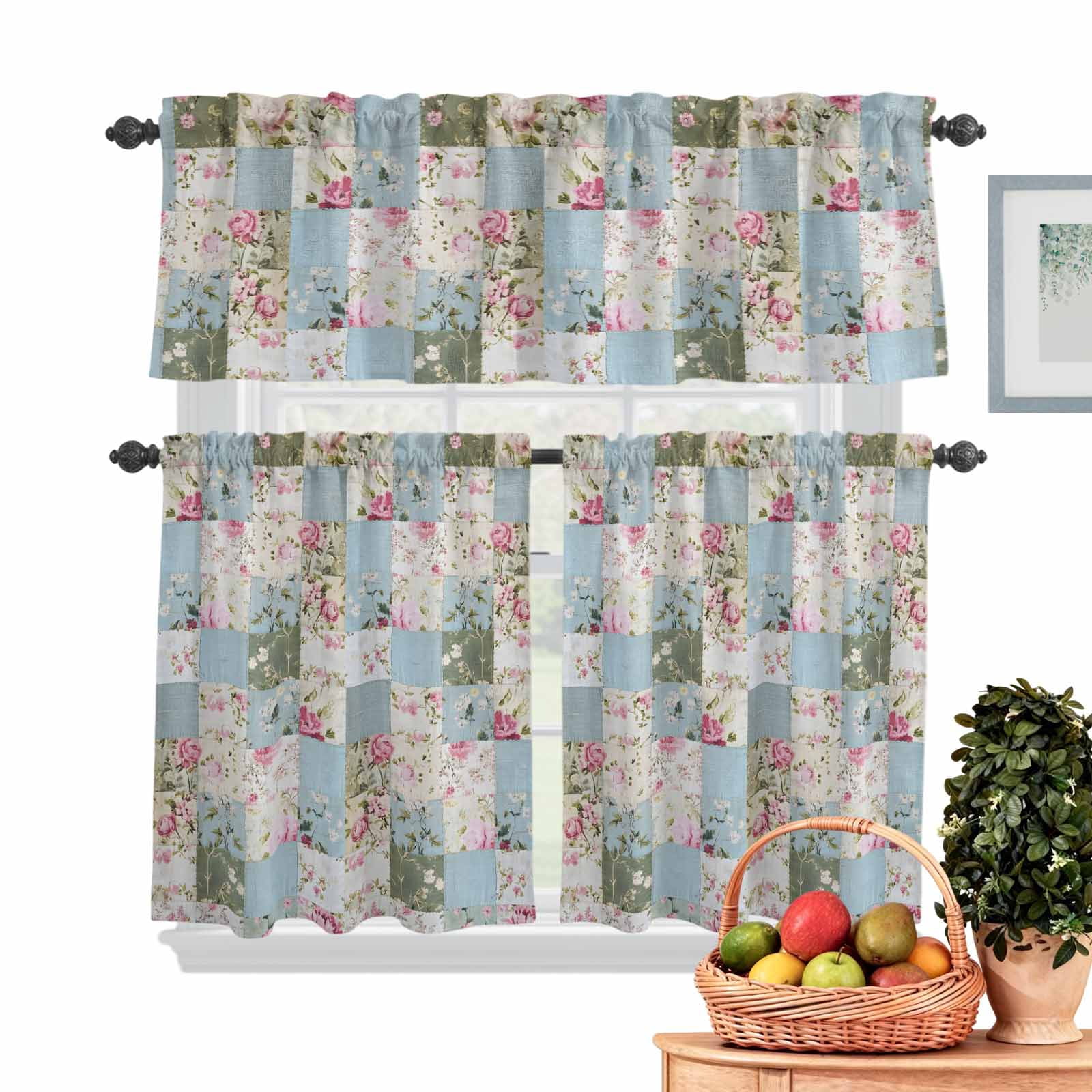 Blue Green Geometric Kitchen Curtains Valances 3 Piece Set, Pink Floral ...