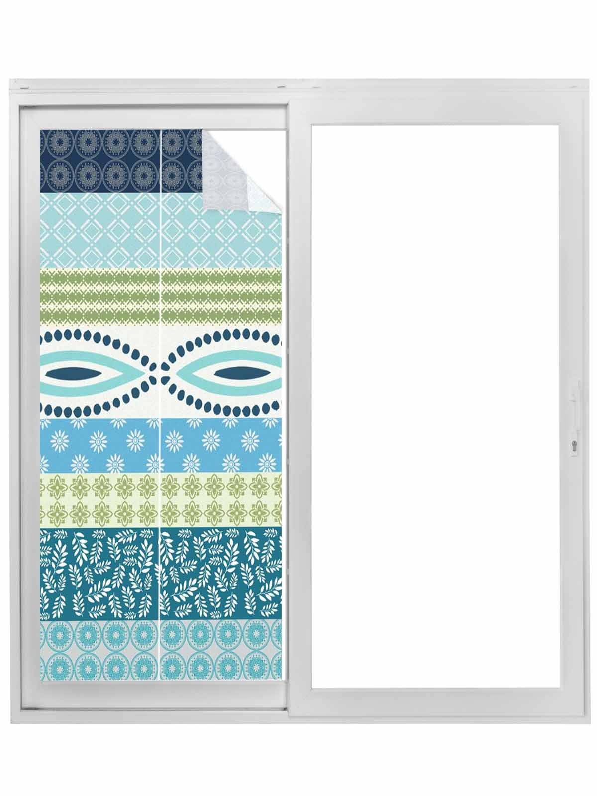 Blue Green Geometric Window Privacy Film, Boho Vintage Country Flowers ...