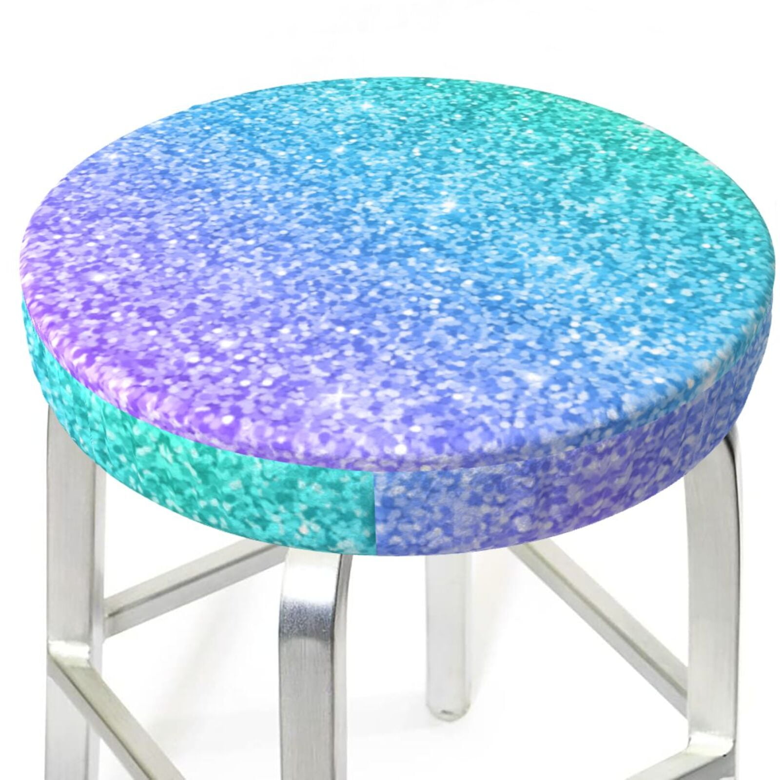 Blue Green Glitter Texture Bar Stool Covers Round - Soft Anti-Slip Round Chair Cove with Elastic ...