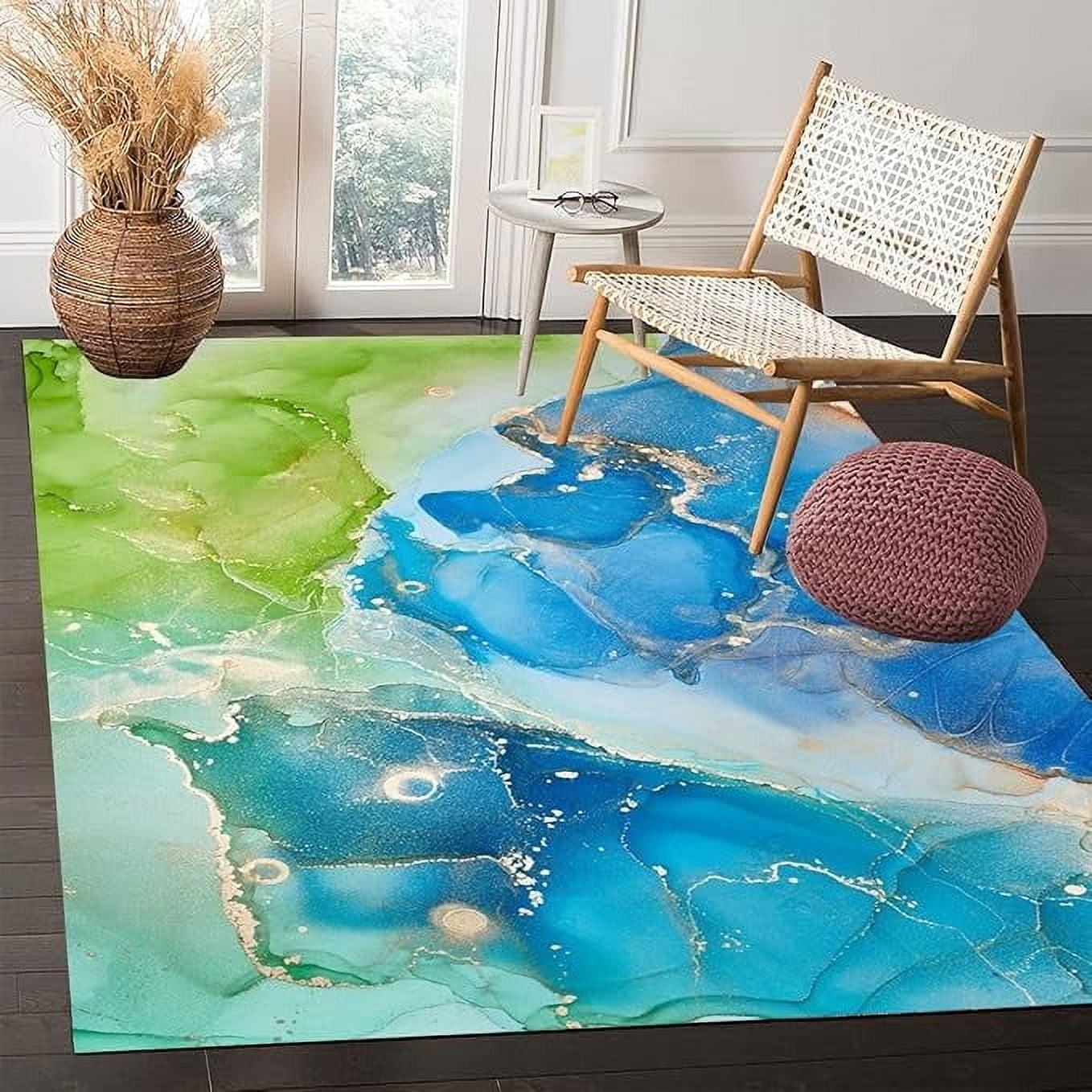 Blue Green Gold Marble Modern Abstract Area Rug Colorful Aesthetic Rug ...