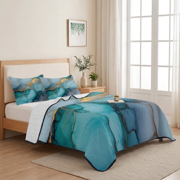 Blue Green Gold Marble Texture Pattern 3 Pieces Quilt Set,1 Quilt with ...