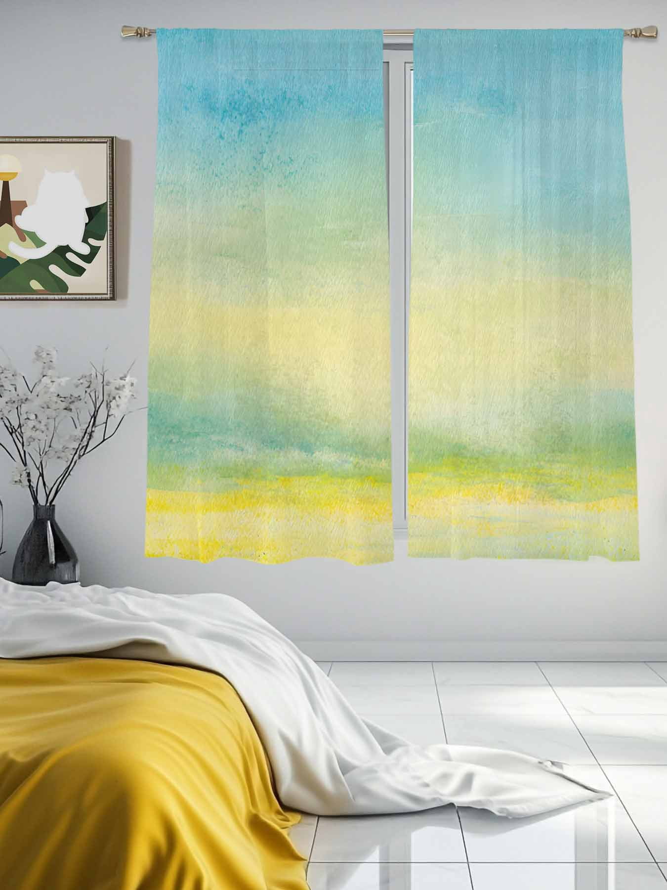 Blue Green Gradient Background Chiffon Sheer Curtains 63 Inches Long ...