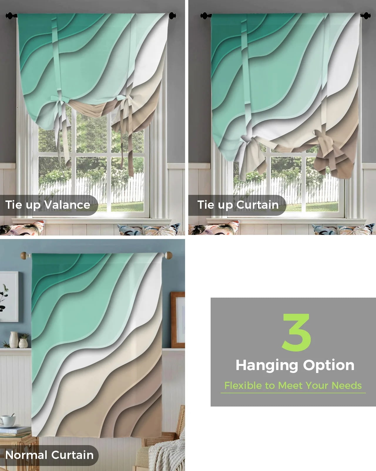Blue Green Gradient Brown Modern Geometric Curtain for Living Room Kitchen Tie-up Short Curtains ...