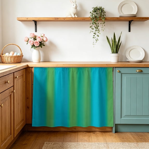 Blue Green Gradient Cabinet Curtains 28" W x 35" L, Color Striped Ombre ...