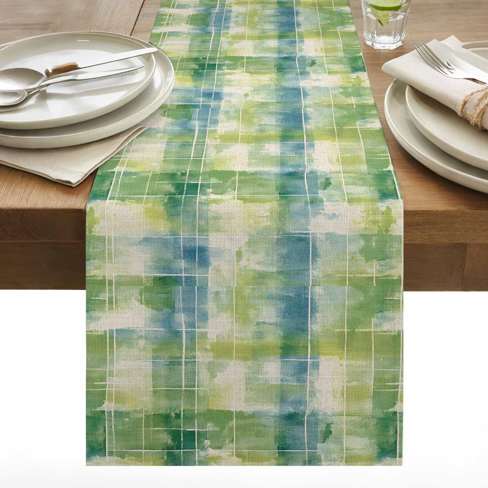 Blue Green Gradient Cotton Linen Table Runner Geometric Grids Dining ...