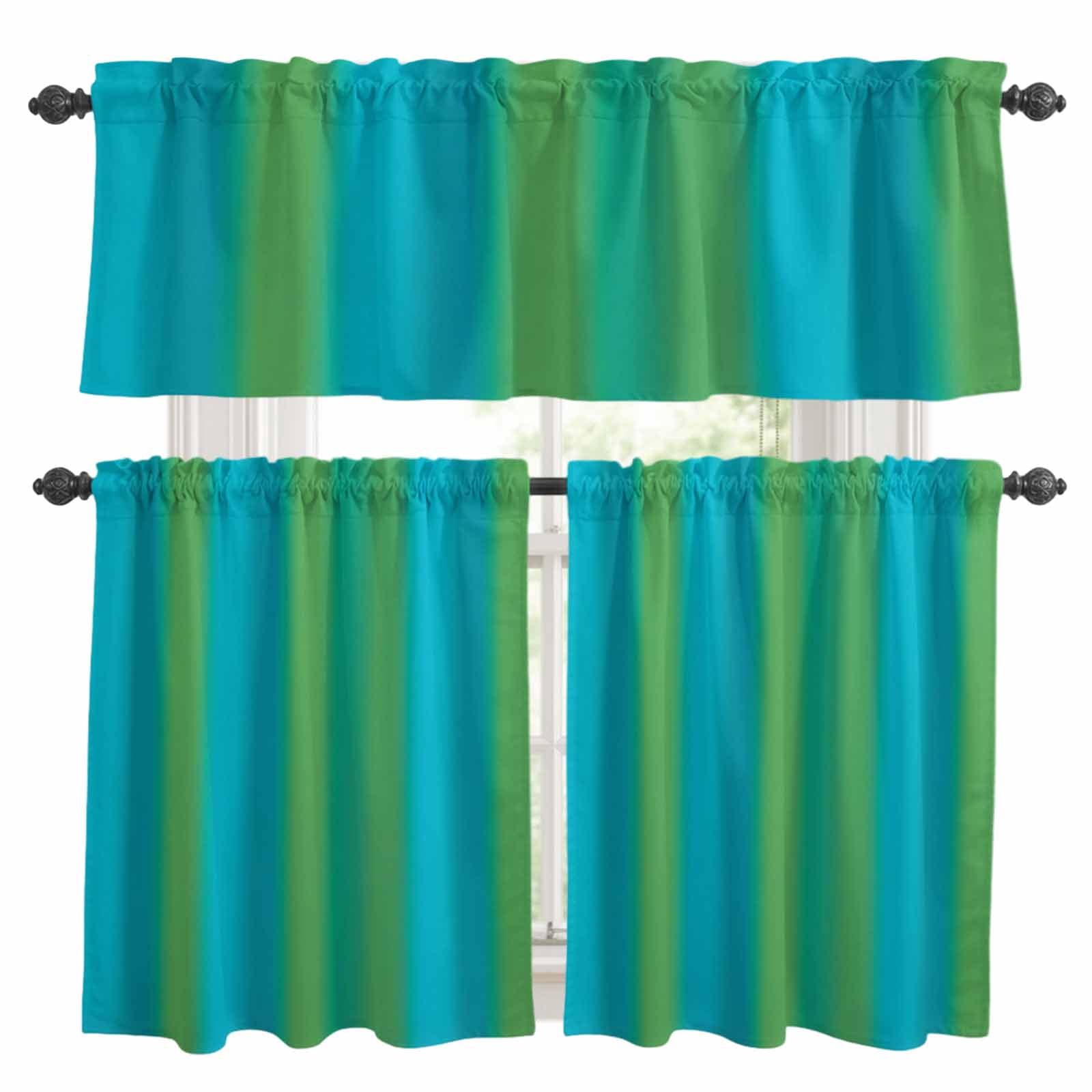 Blue Green Gradient Kitchen Curtains Set for Windows, Color Striped ...