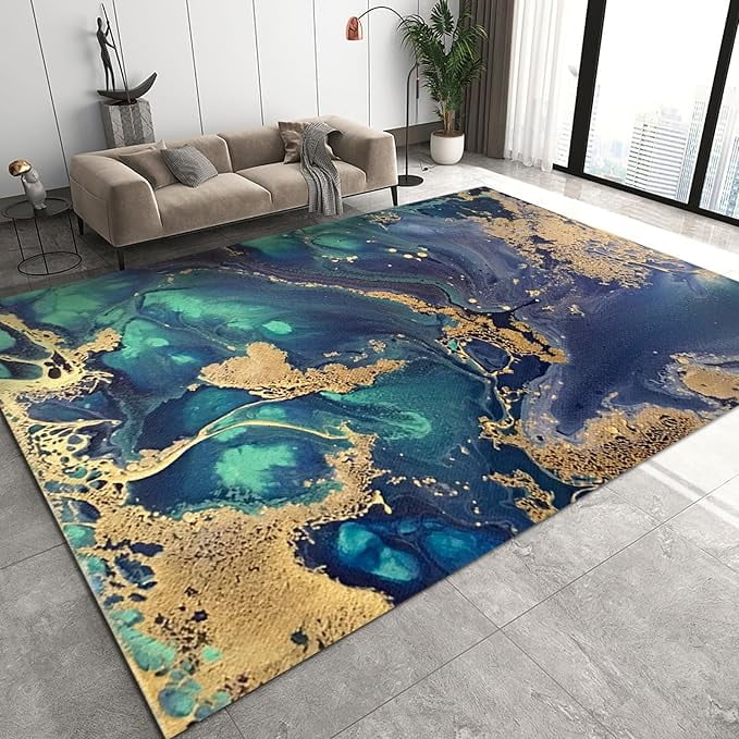 Blue-Green Gradient Marble Bedroom Rug, Modern Golden Doodle Abstract ...