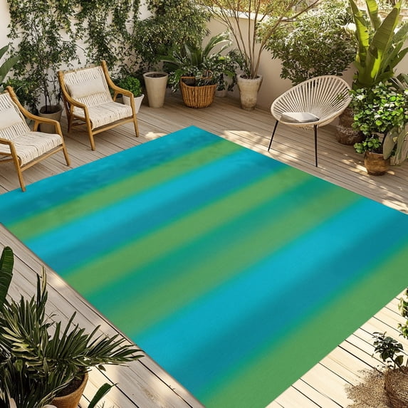 Blue Green Gradient Outdoor Rug, Color Striped Ombre Modern Minimalist ...