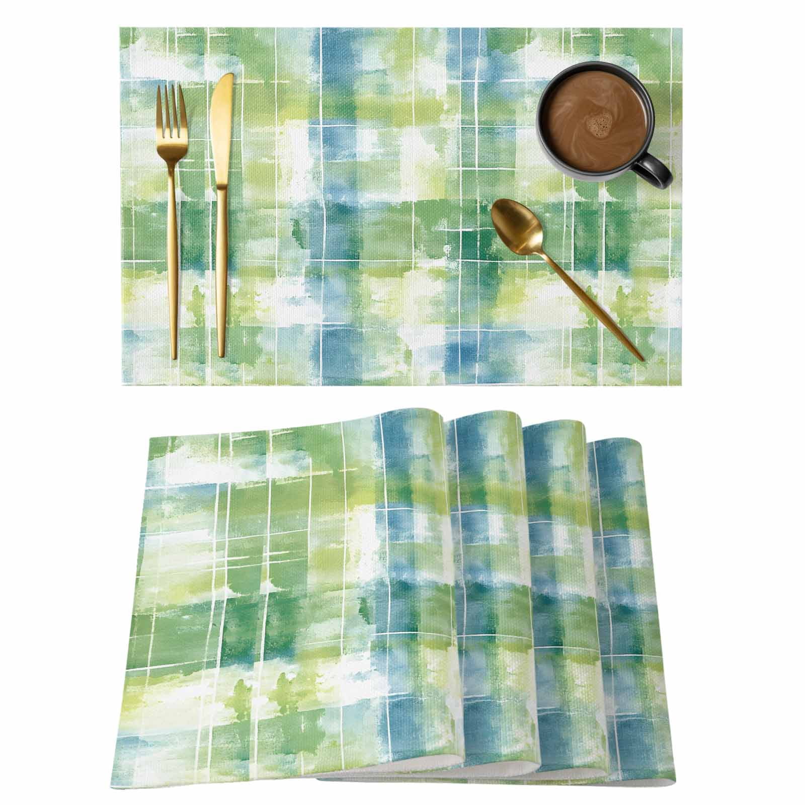 Blue Green Gradient Placemats Set of 2, Geometric Grids Non-Slip Place ...