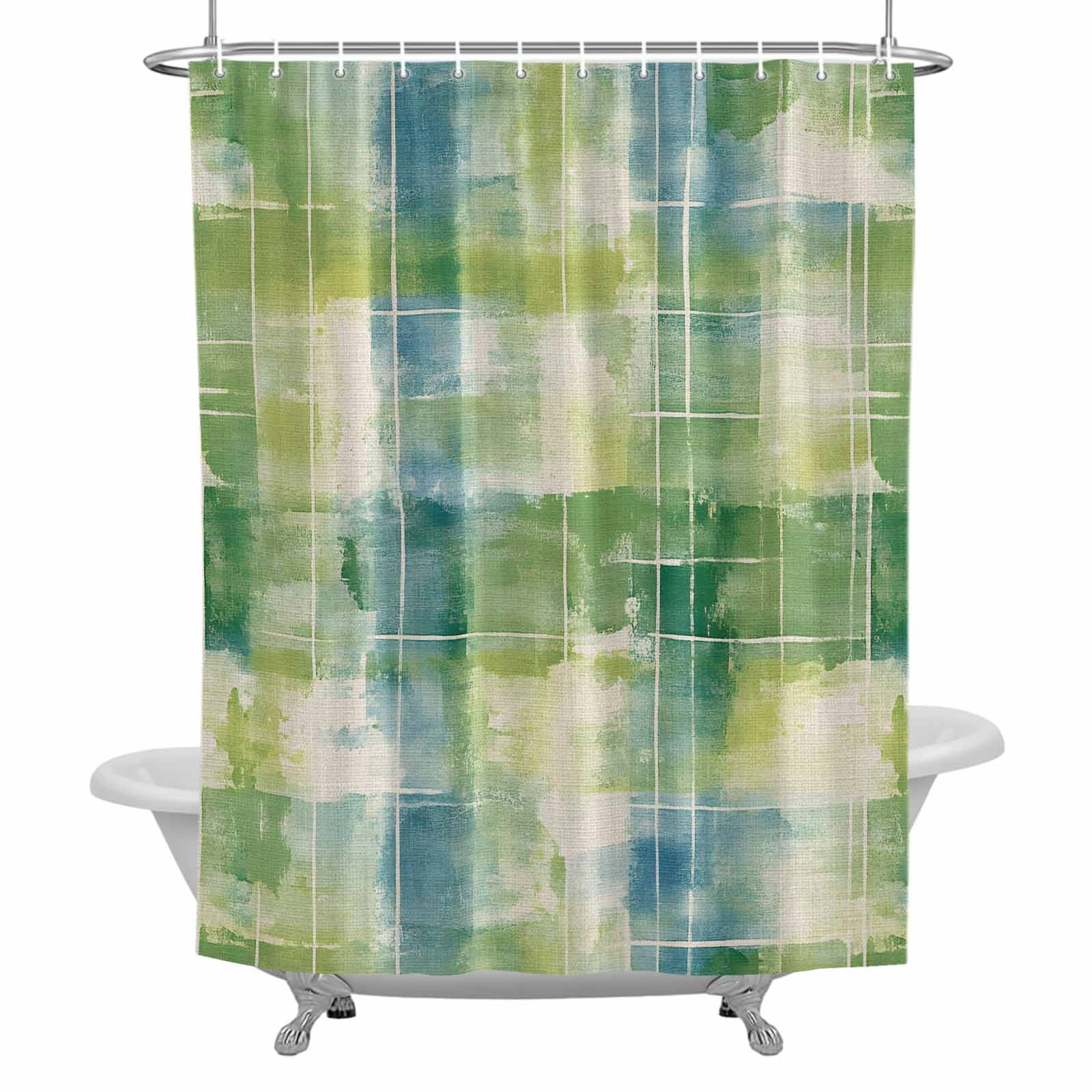 Blue Green Gradient Shower Curtain for Bathroom, Geometric Grids ...