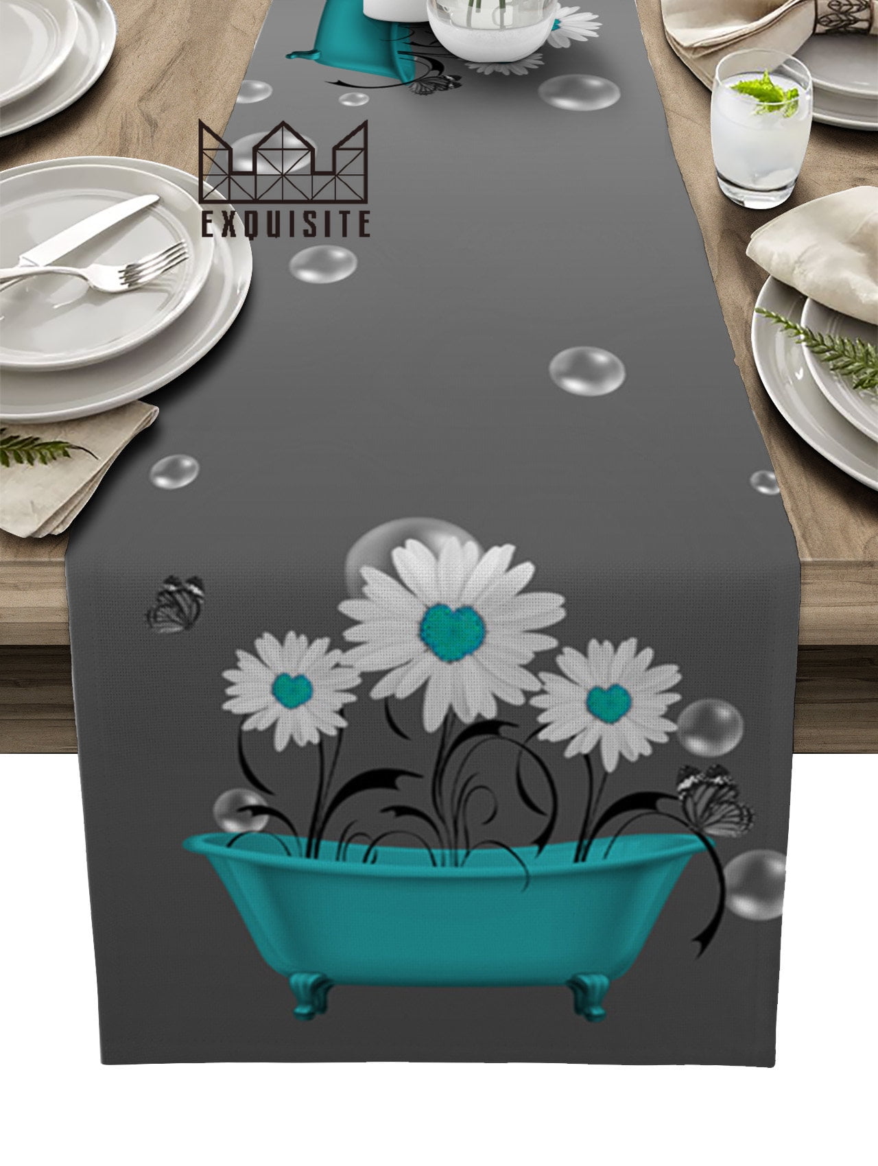 Blue Green Gray Daisy Love Bubble Butterfly Bathtub Table Runner ration ...