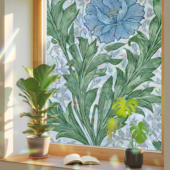 Blue Green Grey Botanical Window Privacy Film Rainbow Static Cling ...