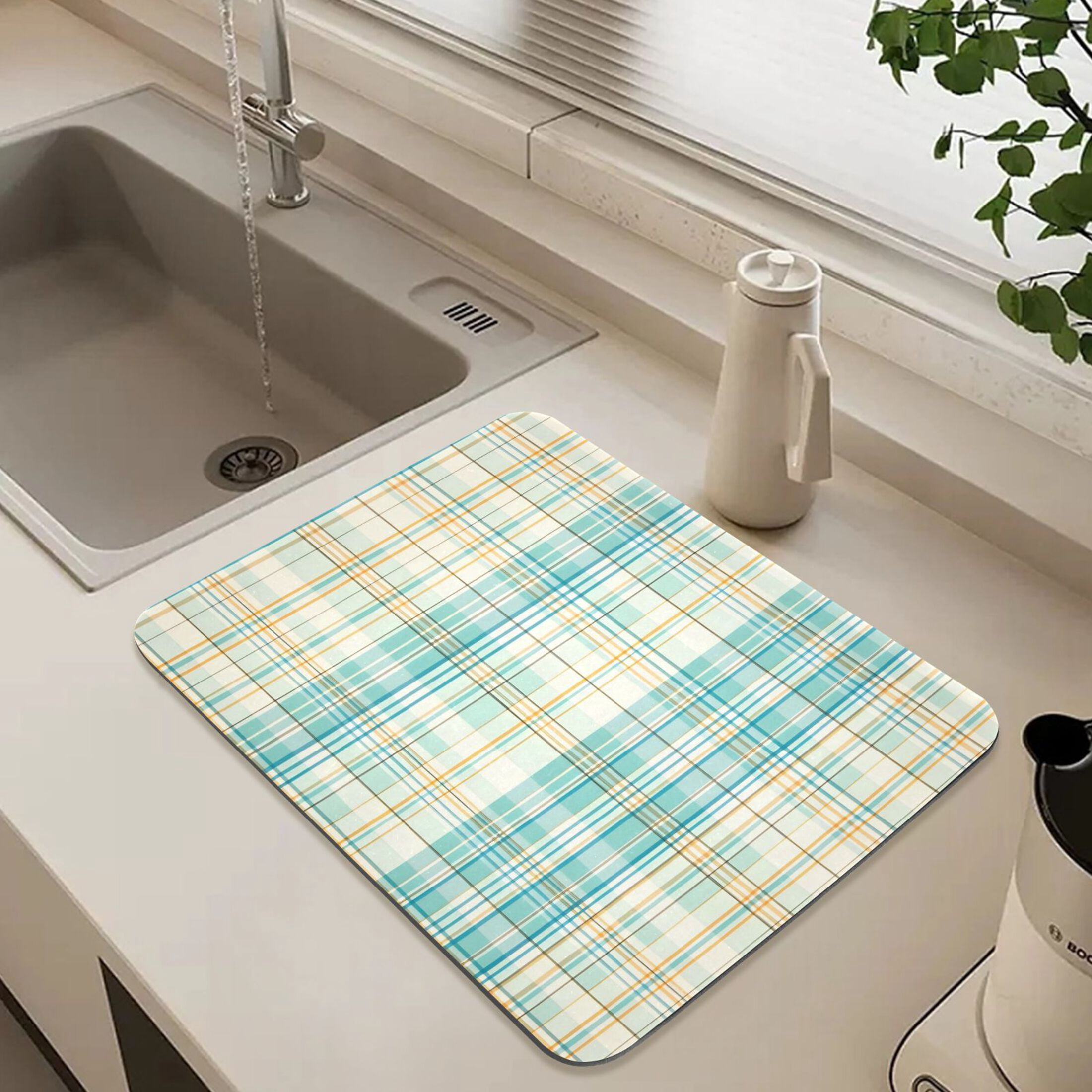 Blue Green Grid Dish Drying Mat for Kitchen Counter Absorbent Drainer ...