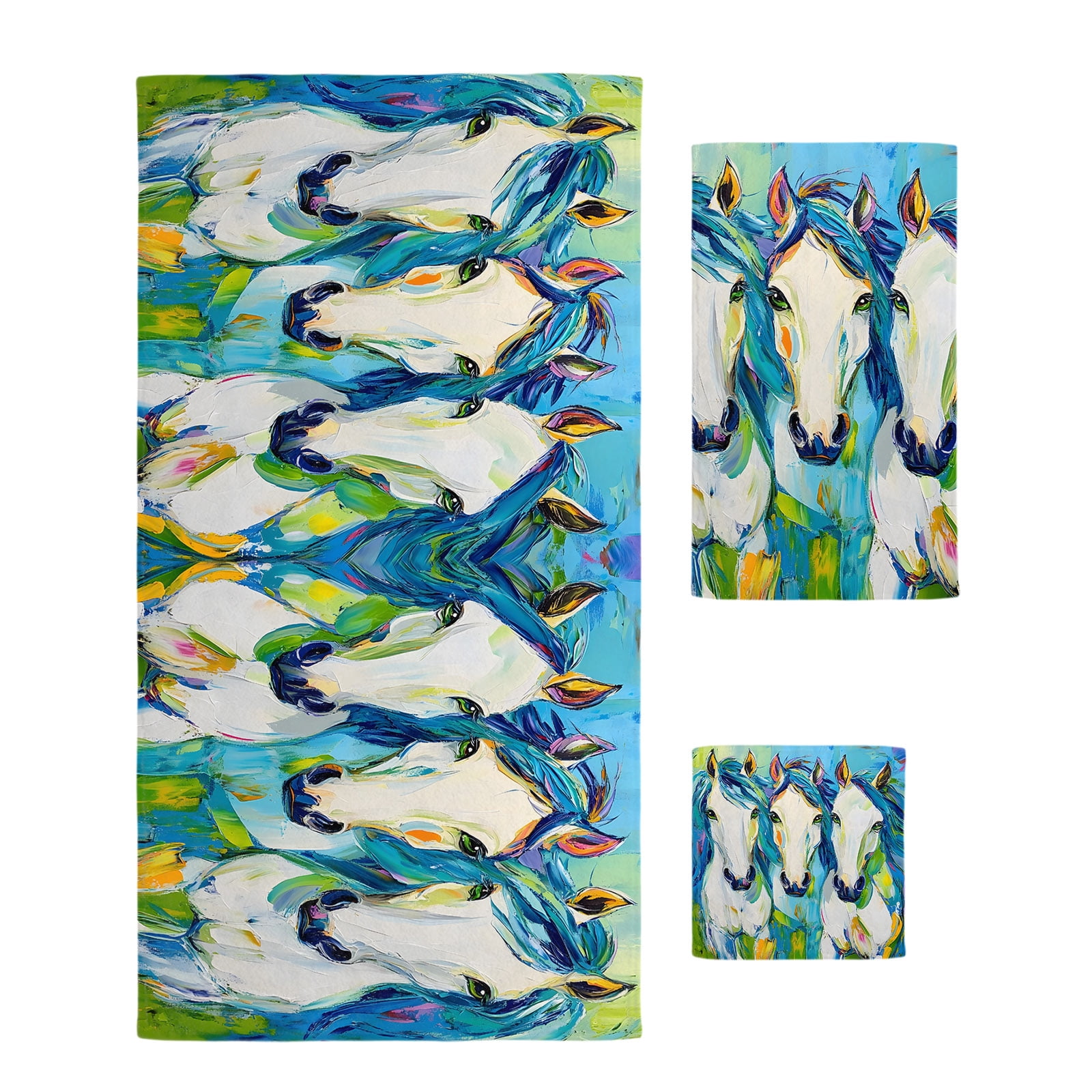 Blue Green Horse Towel Set of 3, Soft Microfiber Bath Towels, Hand ...