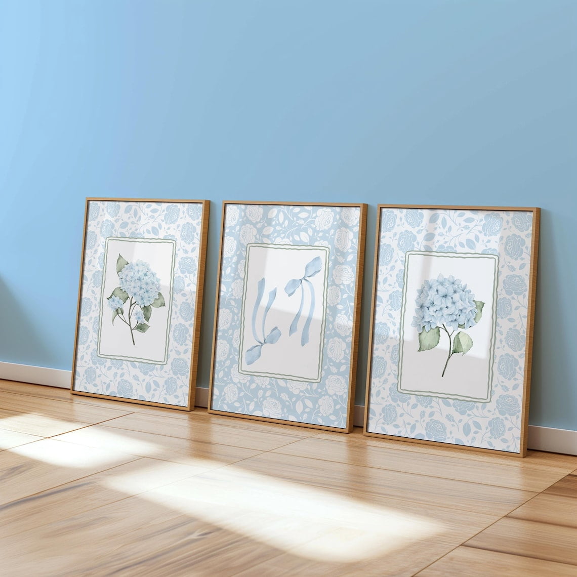 Blue Green Hydrangea Vintage Floral Wall Art Country Cottagecore Set 3 ...
