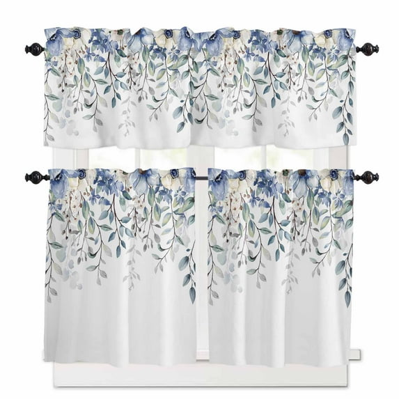 Blue Green Kitchen Curtains Valance and Tier Set Flowers Eucalyptus ...
