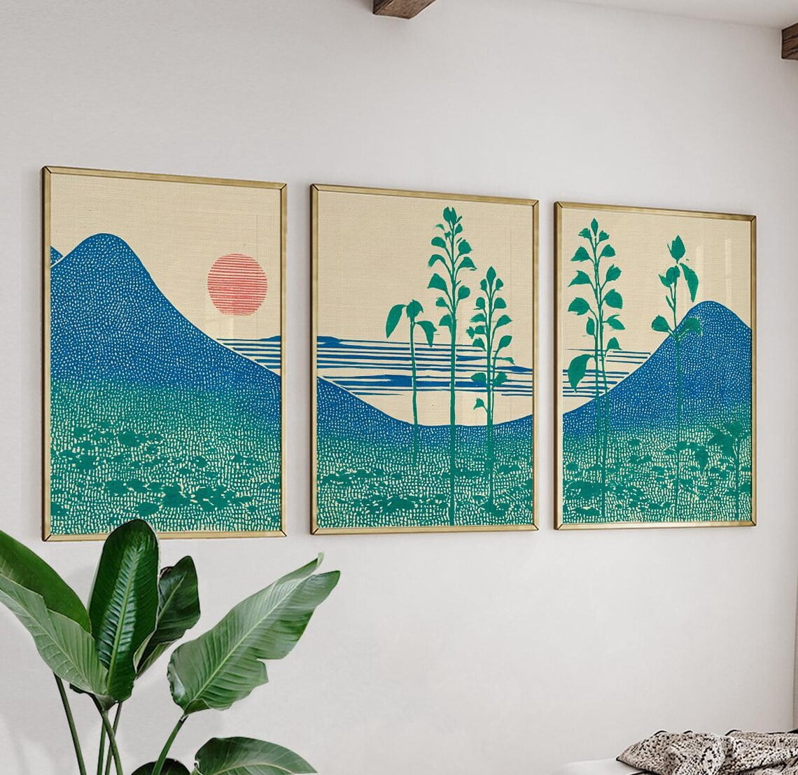 Blue Green Landscape Japanese Style Triptych Art Set 3 Stretched Canvas ...