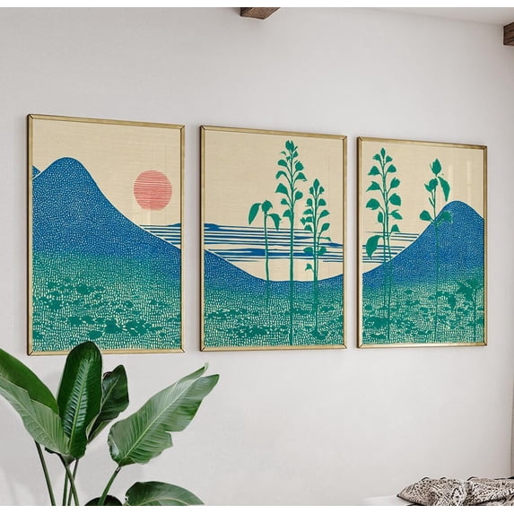 Blue Green Landscape Japanese Style Triptych Art Set 3 Stretched Canvas ...