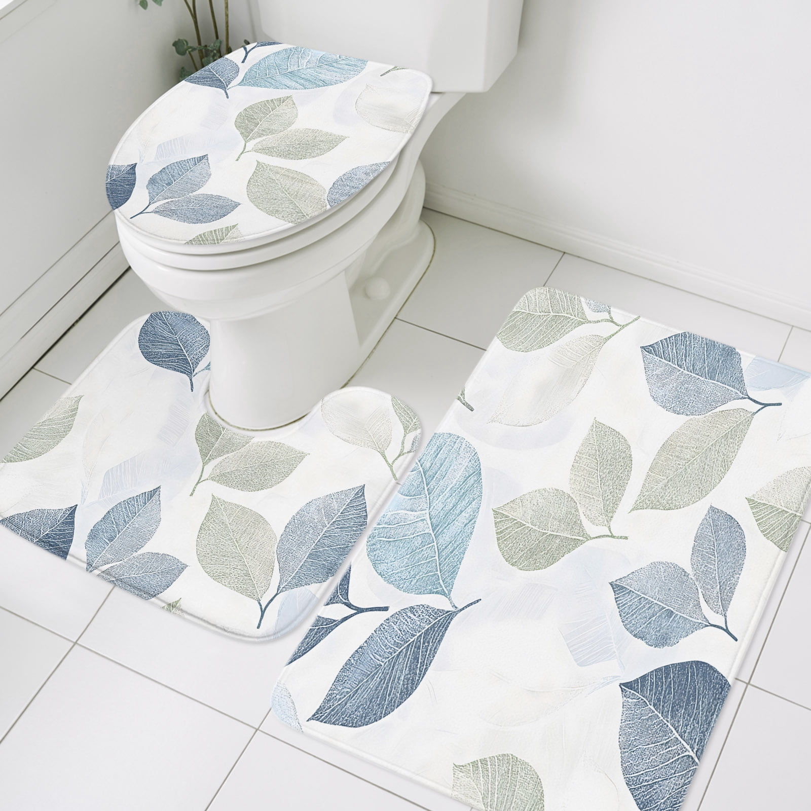 Blue Green Leaf Bathroom Rugs Set Retro Rustic Texture Watercolor ...