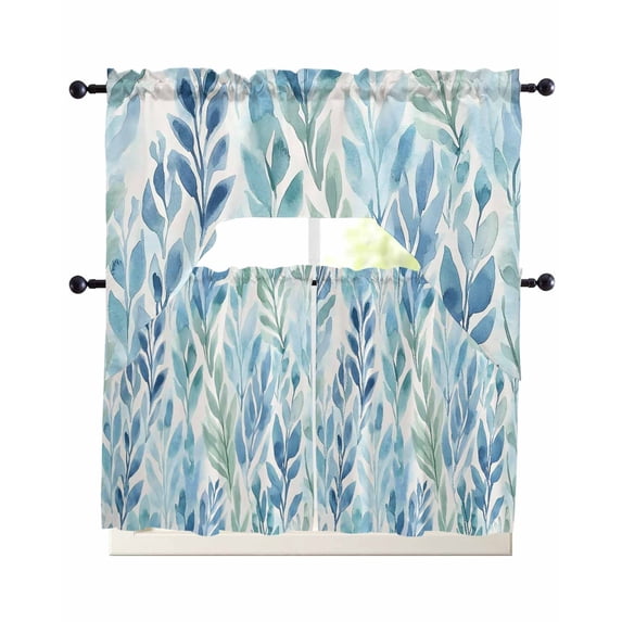 Blue Green Leaf Kitchen Curtain and Valance Set 3 Pieces, Rod Pocket ...