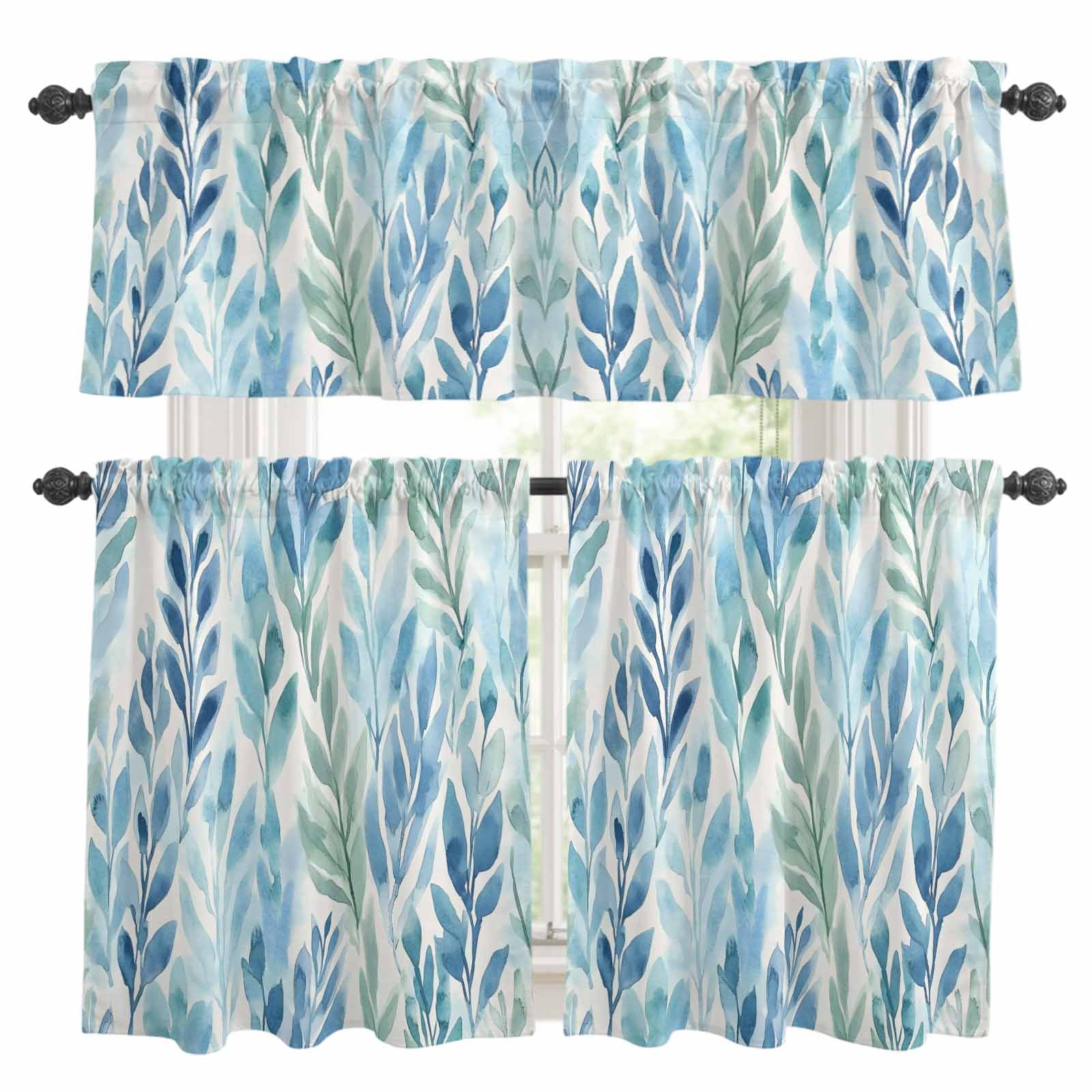 Blue Green Leaf Kitchen Curtains Sets for Windows 36 Inch Length ...
