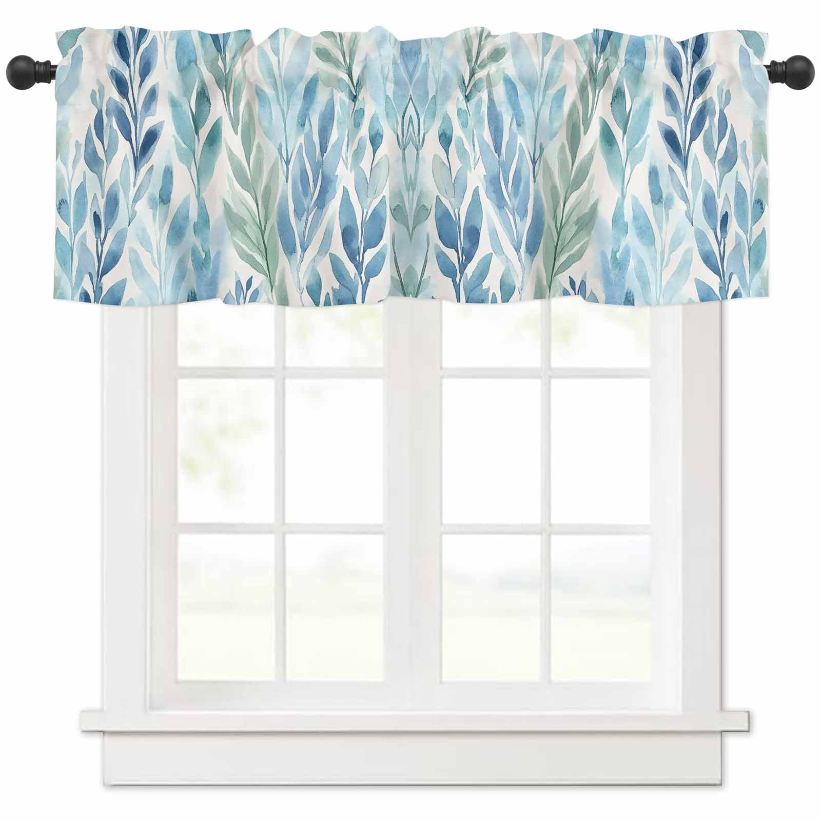 Blue Green Leaf Valances for Windows Farmhouse Kitchen Curtains ...