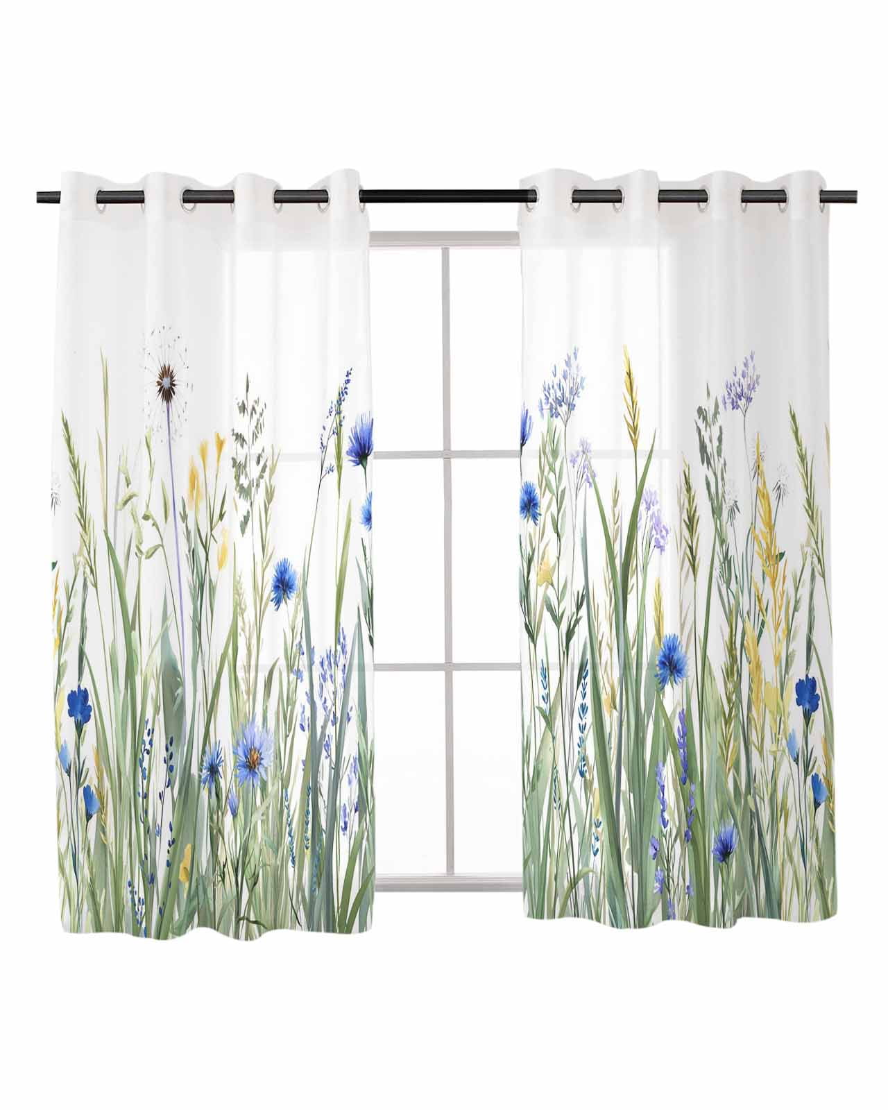 Blue Green Leag Sheer Curtains 45 Inch Length 2 Panels Country Flower ...