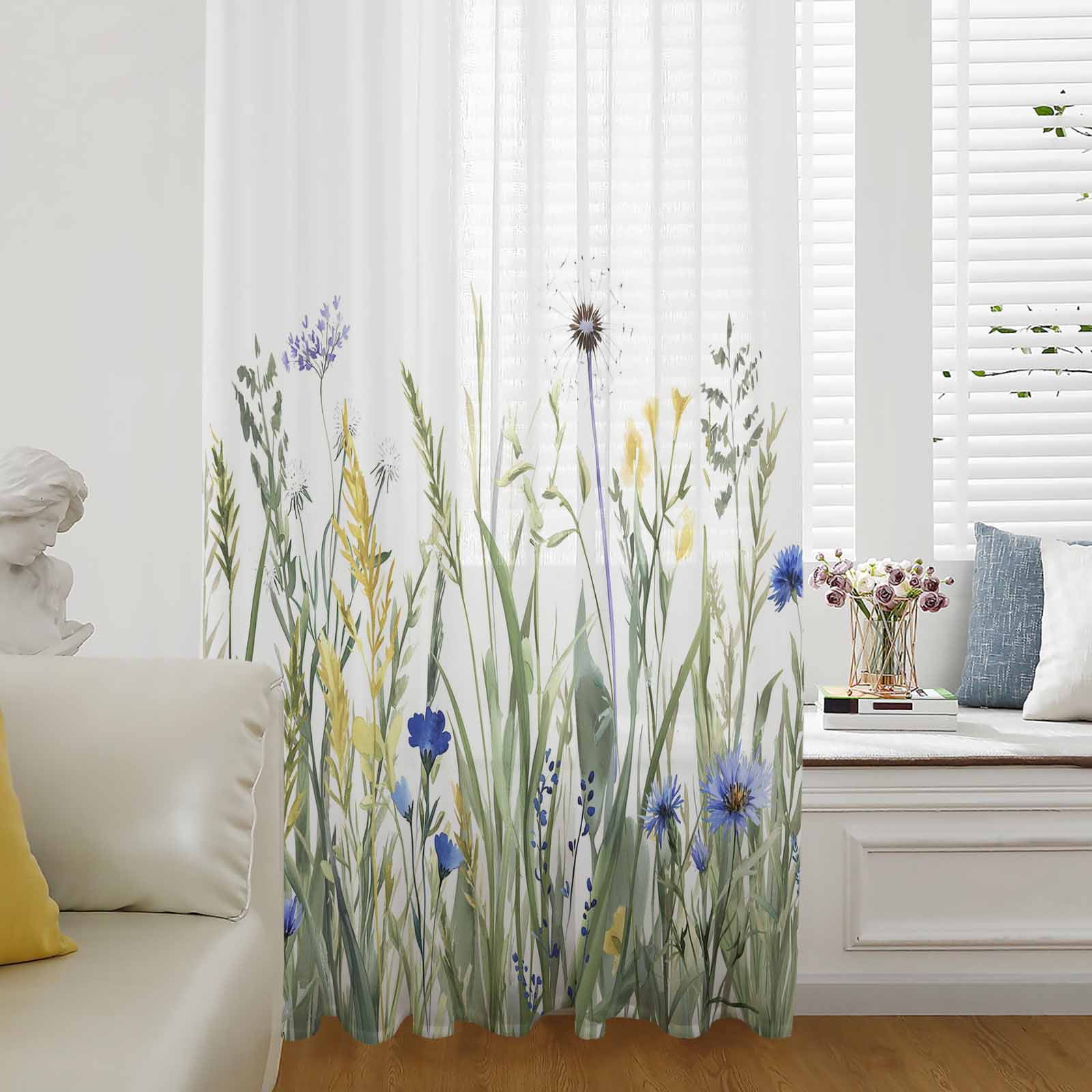 Blue Green Leag Window Curtain 63 Inches Long,Country Flower Botanical ...