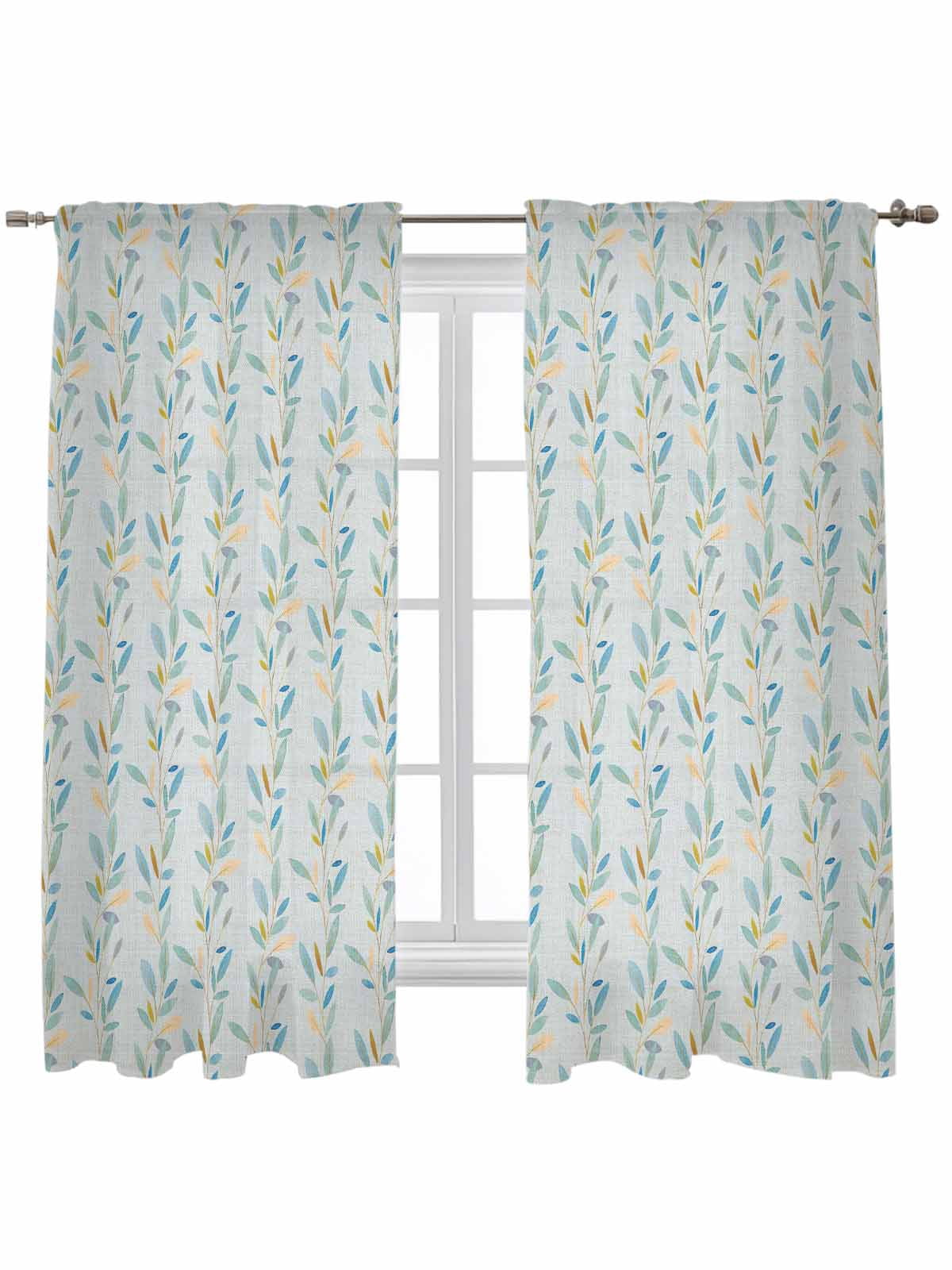 Blue Green Leaves, Curtains 63 Inch Length, Sheer Curtains for Bedroom ...